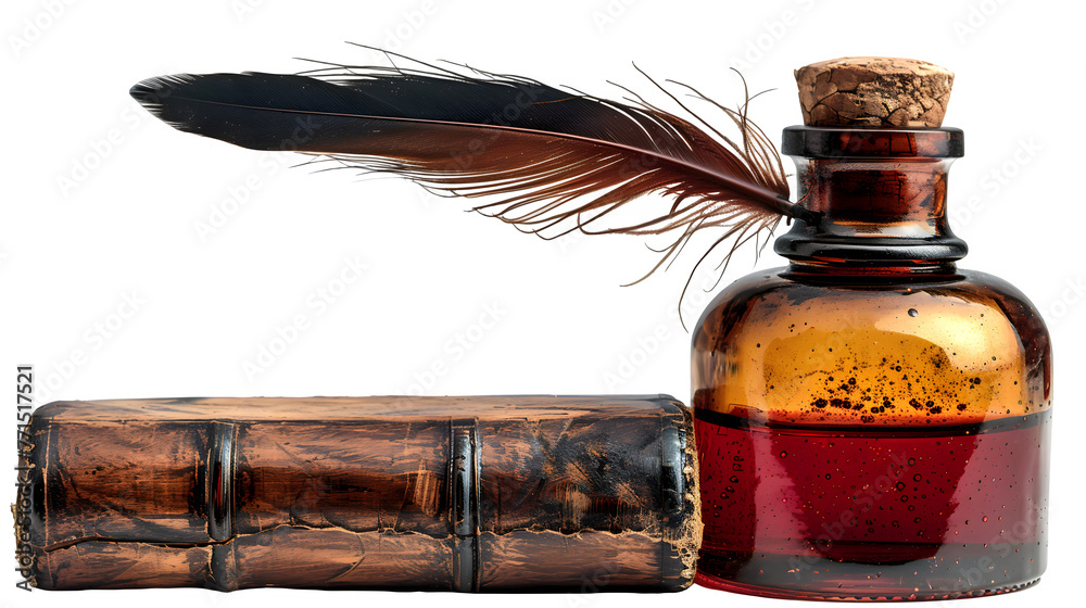 Vintage feather pen with vintage ink and scroll isolated on a ...