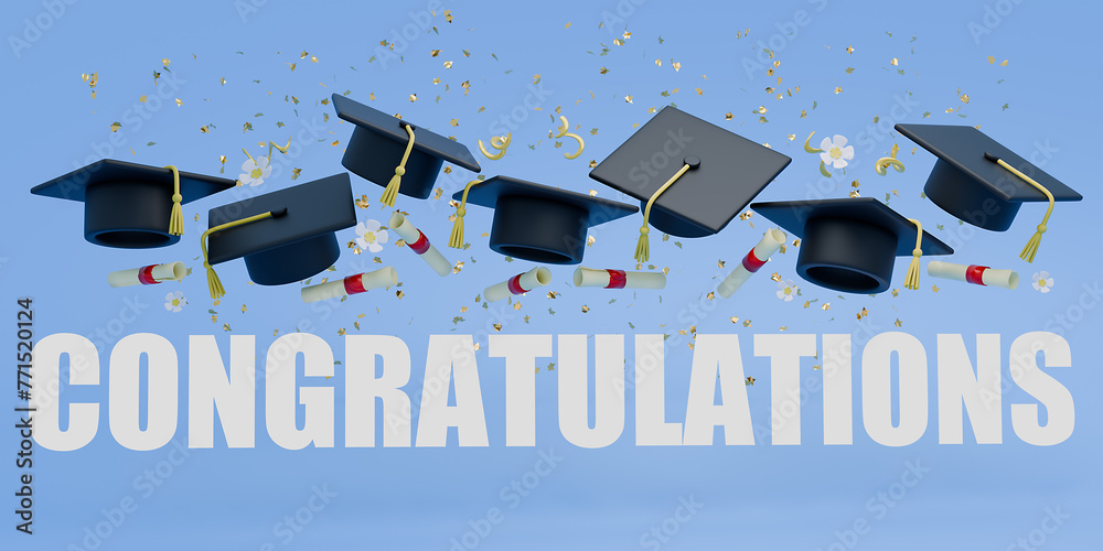 3d illustration of word graduation with graduate caps on blue ...