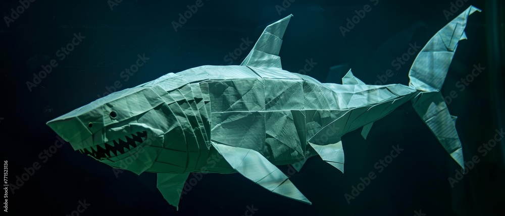 In the depths of a realistic ocean, an origami great white shark glides ...