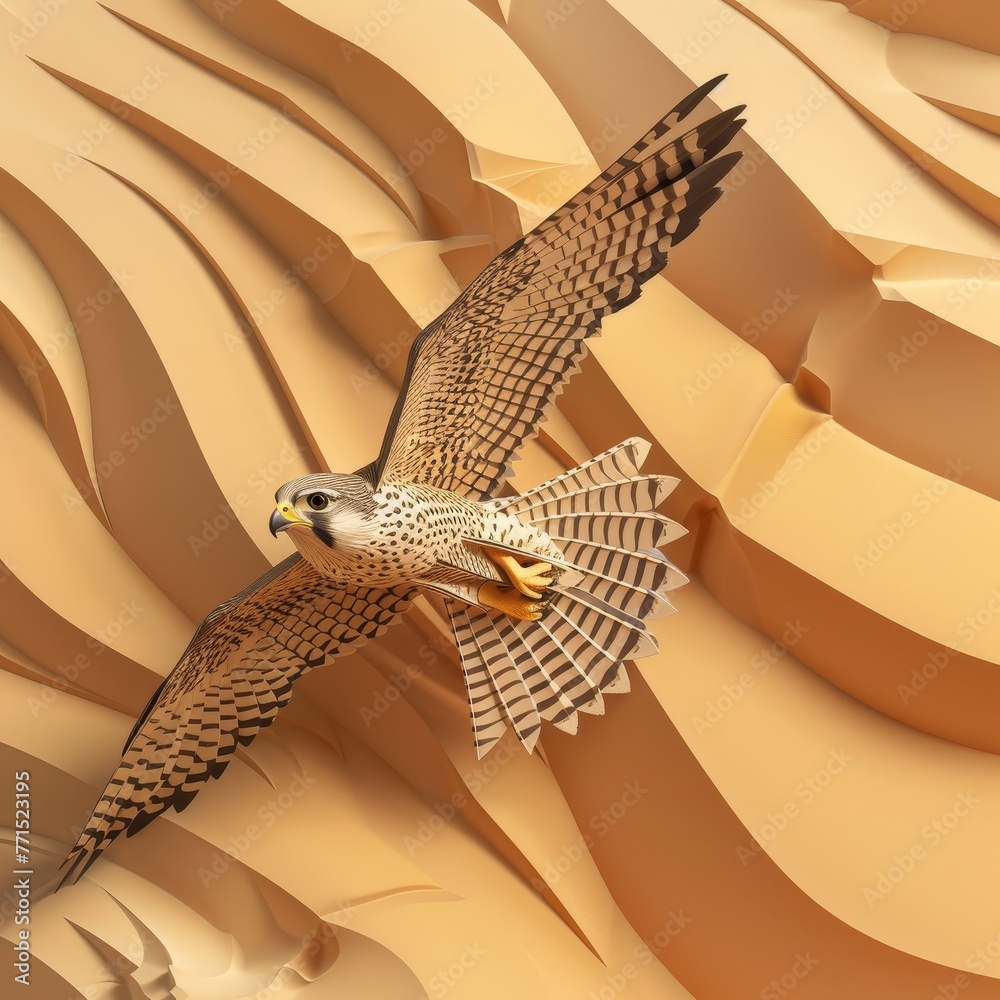 Over a realistic desert landscape, a paper falcon dives, its folded ...