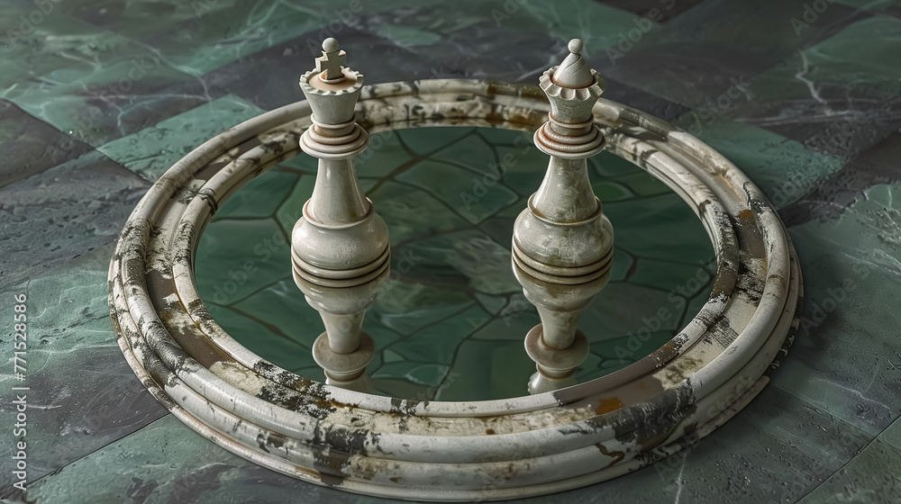 A white queen chess piece rests atop another, its reflection visible in ...