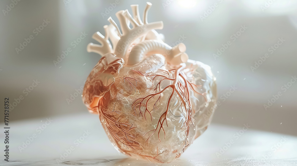 A detailed, hyperrealistic human heart with intricate veins and rose ...