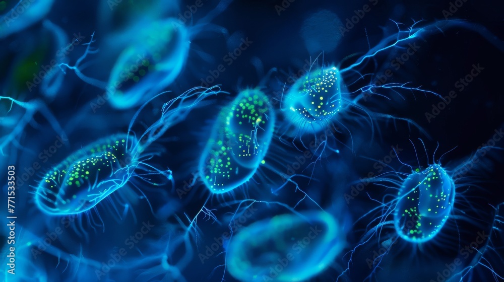 Microscopic view of bioluminescent plankton, illustrating the biology ...