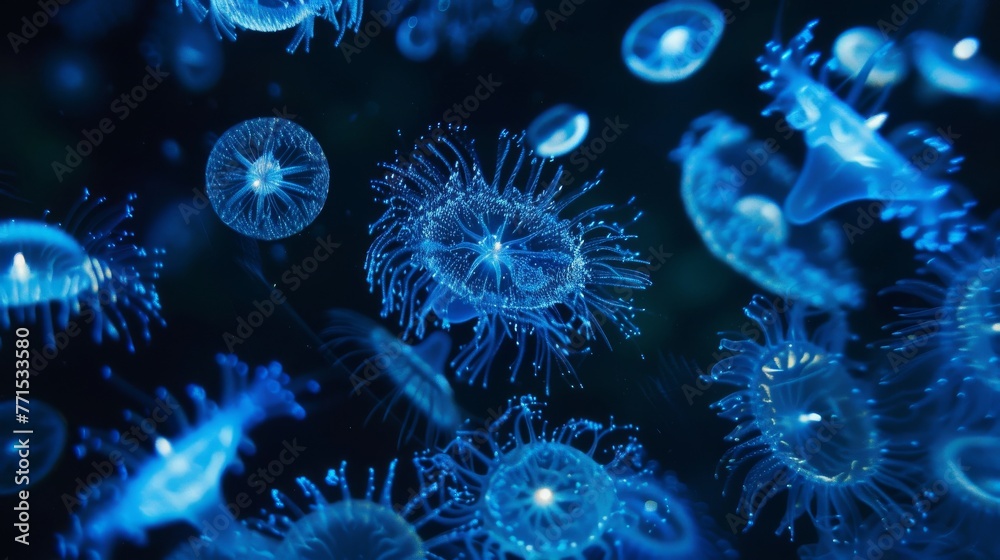 Microscopic view of bioluminescent plankton, illustrating the biology ...
