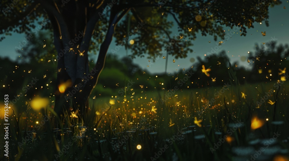 Fireflies lighting up a summer night, a natural light show in the ...
