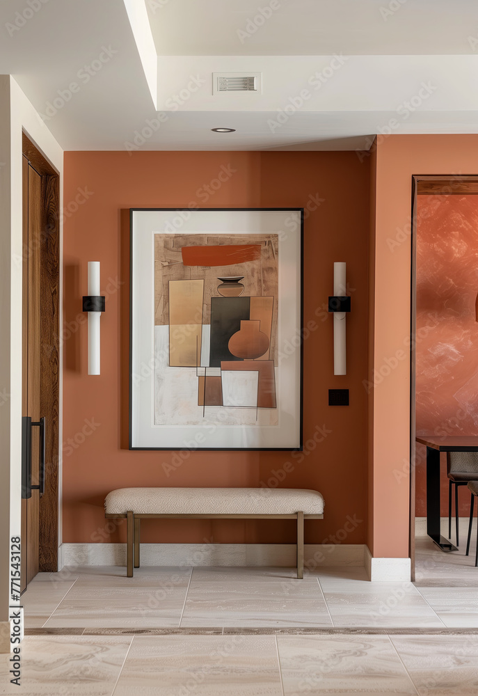 A modern and elegant entryway with terracotta walls, featuring an ...
