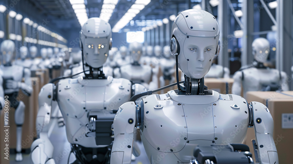 Future of manufacturing. Deserted factory floors with autonomous robots ...