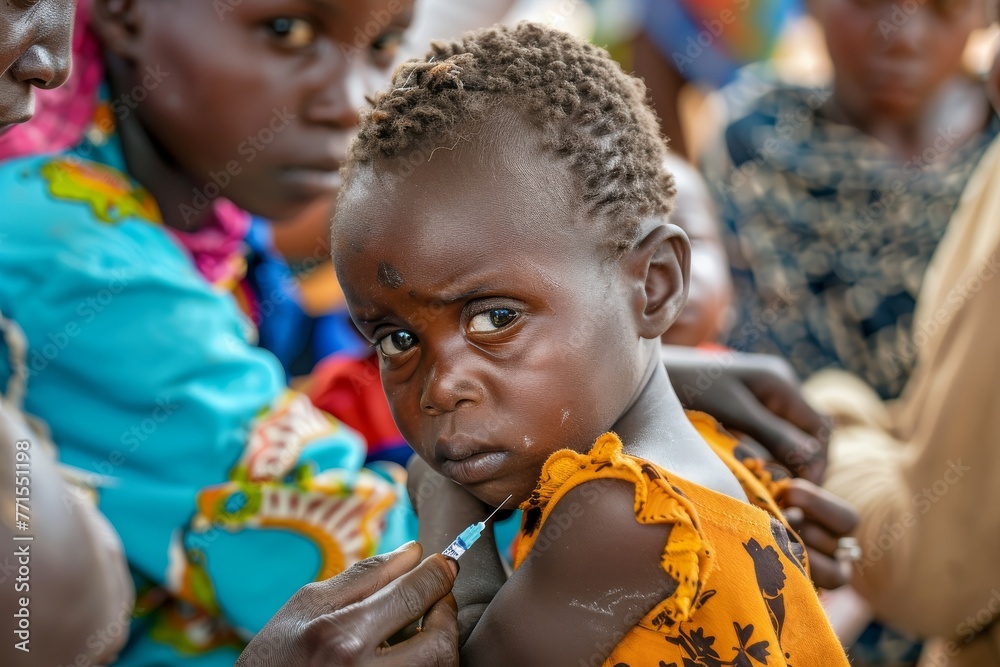 African child looking at the camera with a subtle smile, receiving a ...