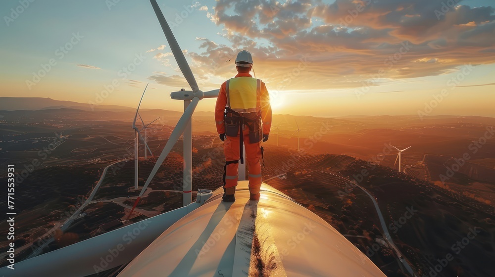 Wind turbine engineer wearing PPE standing on wind turbine Stock Photo ...