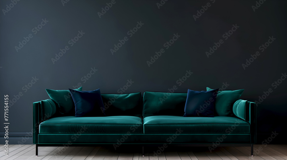 Emerald green sofa with deep green hue against a dark green wall ...