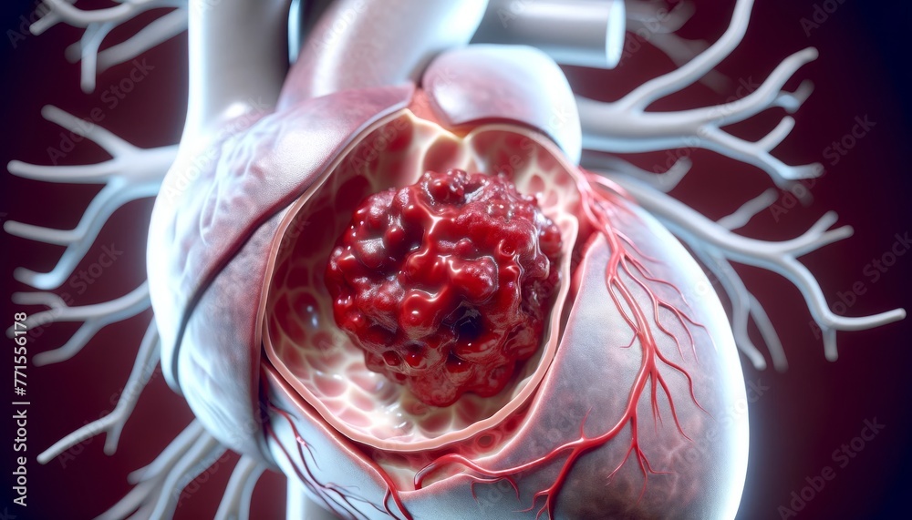 Detailed cross-section illustration of a human heart with myocardial ...