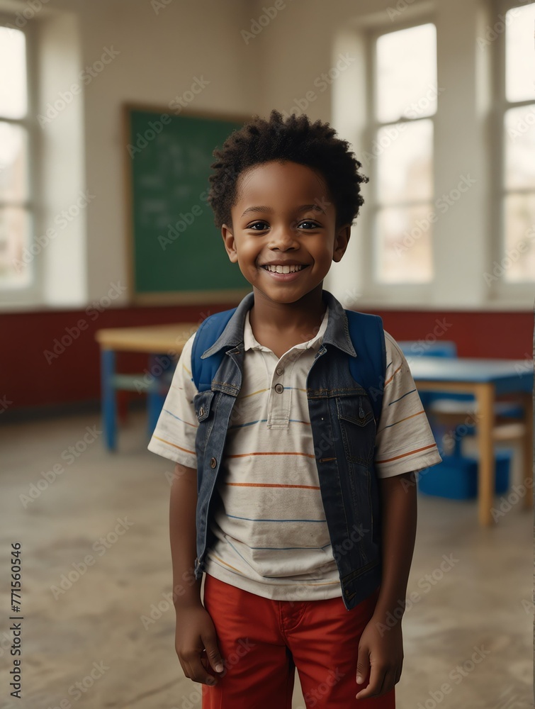 Portrait black african child kid boy student playing kindergarten ...