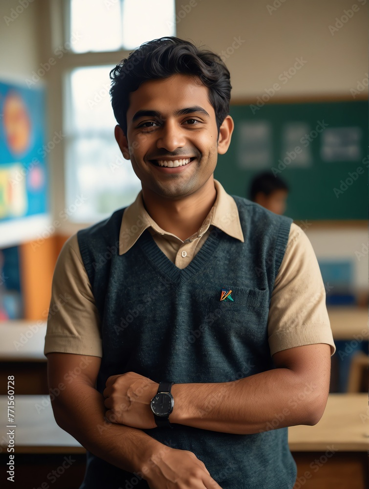 Portrait of attractive young indian teacher man on kindergarten ...