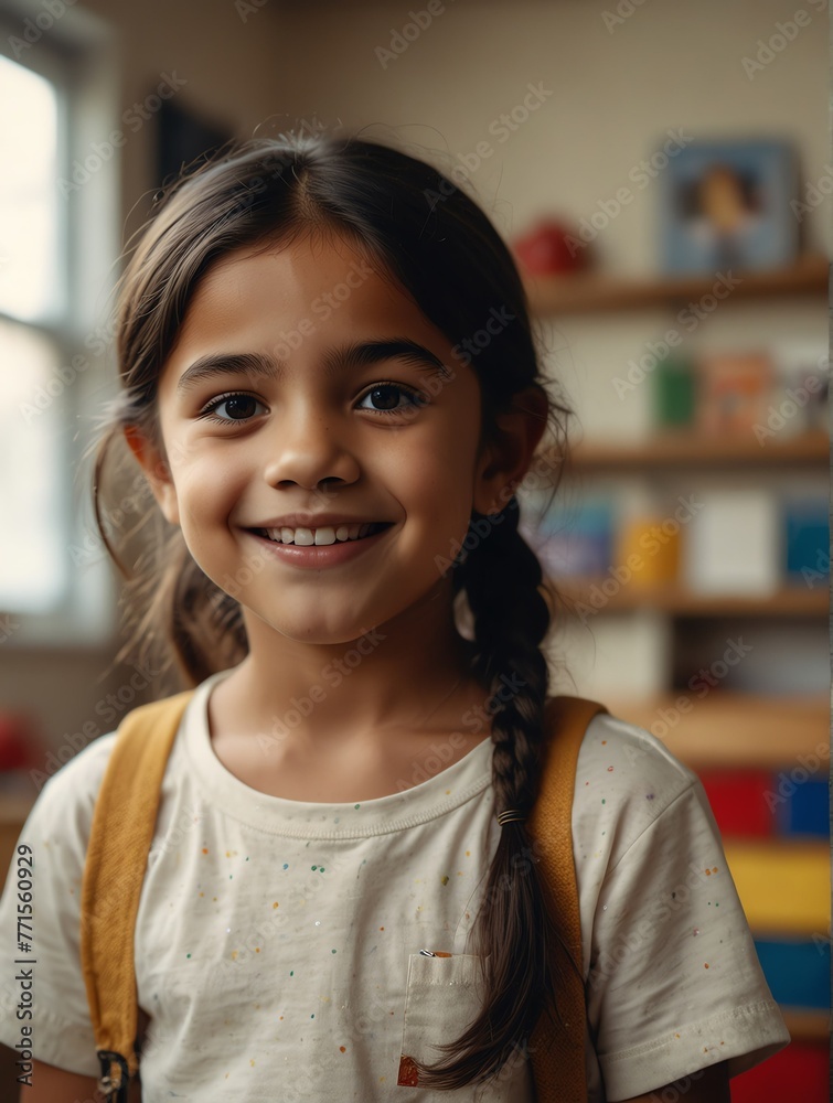Portrait of immigrant child kid girl student playing kindergarten ...