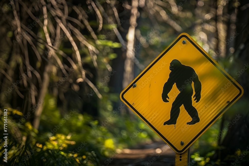 Yellow Wilderness Road Sign in the Woods Depicting Walking Bigfoot ...