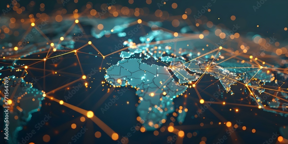 Global network map showing interconnectivity between countries through nodes and lines. Concept ...