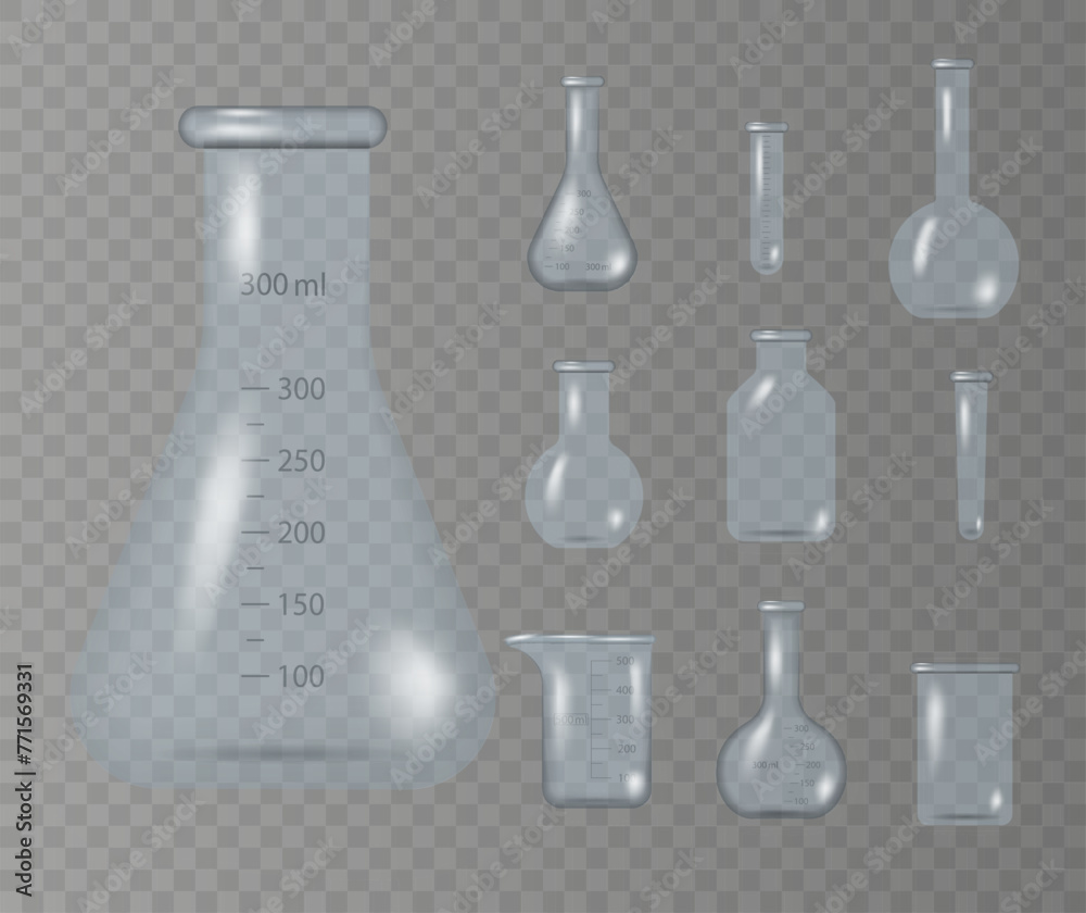 Realistic lab beaker, glass flask and other chemical containers, 3D ...