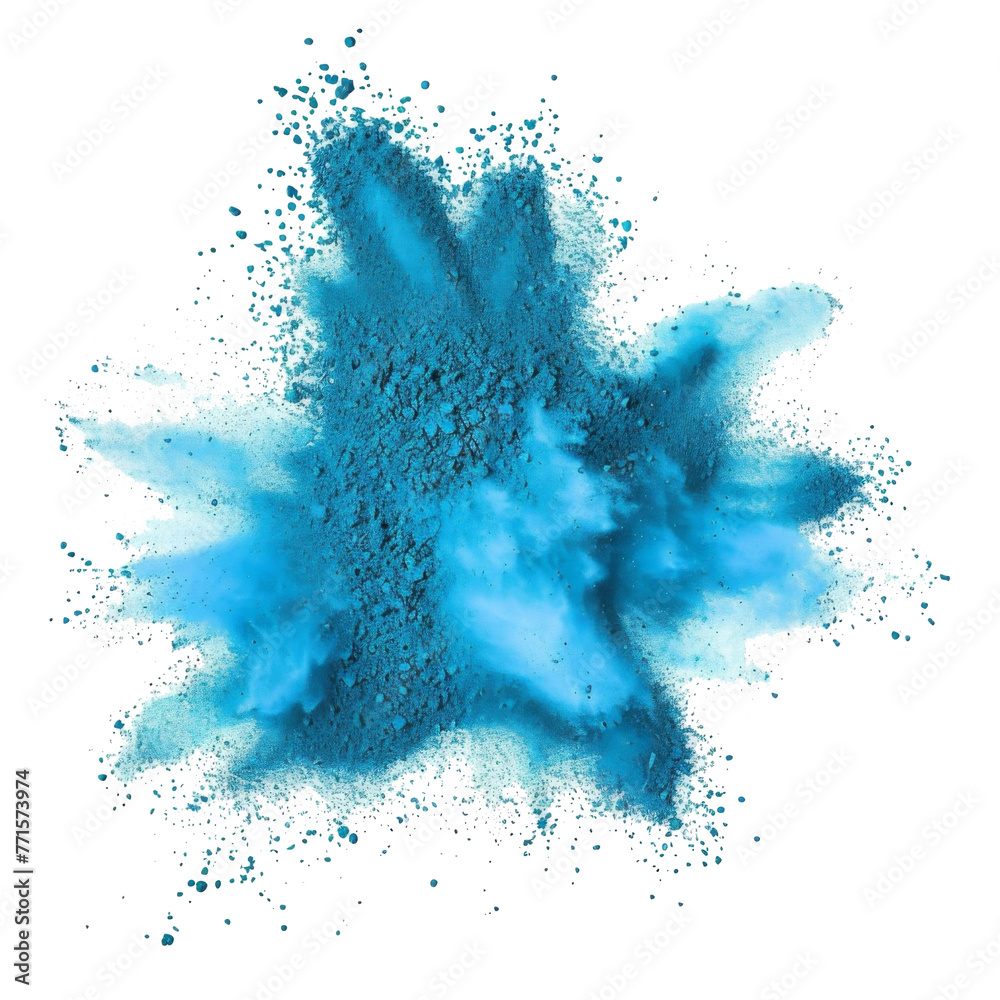 Abstract blue powder explosion on white background. Closeup of blue ...
