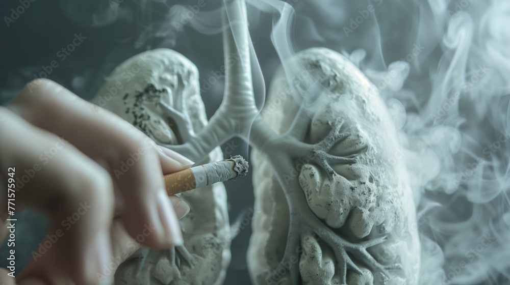 Smoker hand holding a smoking cigarette next to lungs full of smoke ...