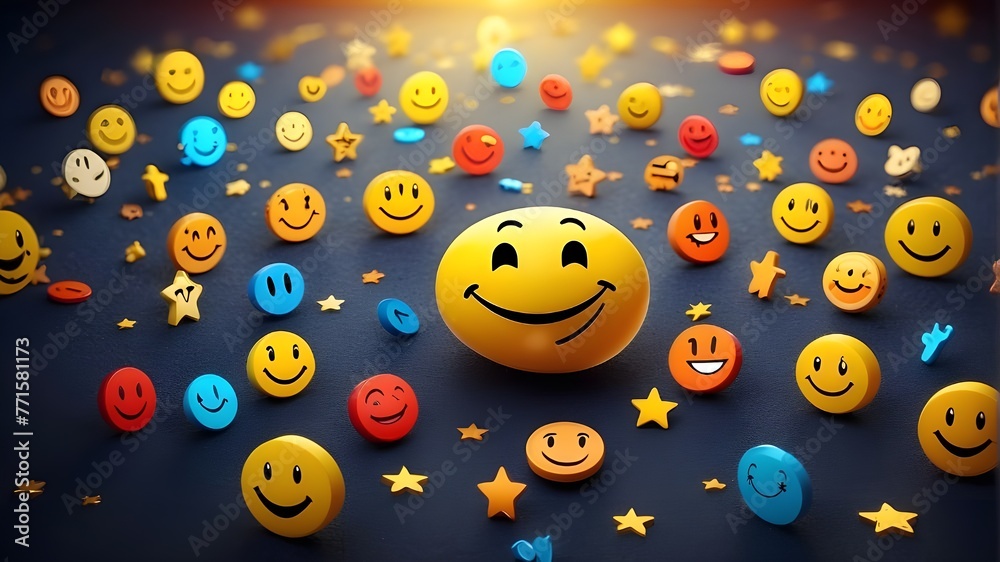 A cheerful emoticon with a smiley face surrounded by stars, thumbs-up ...