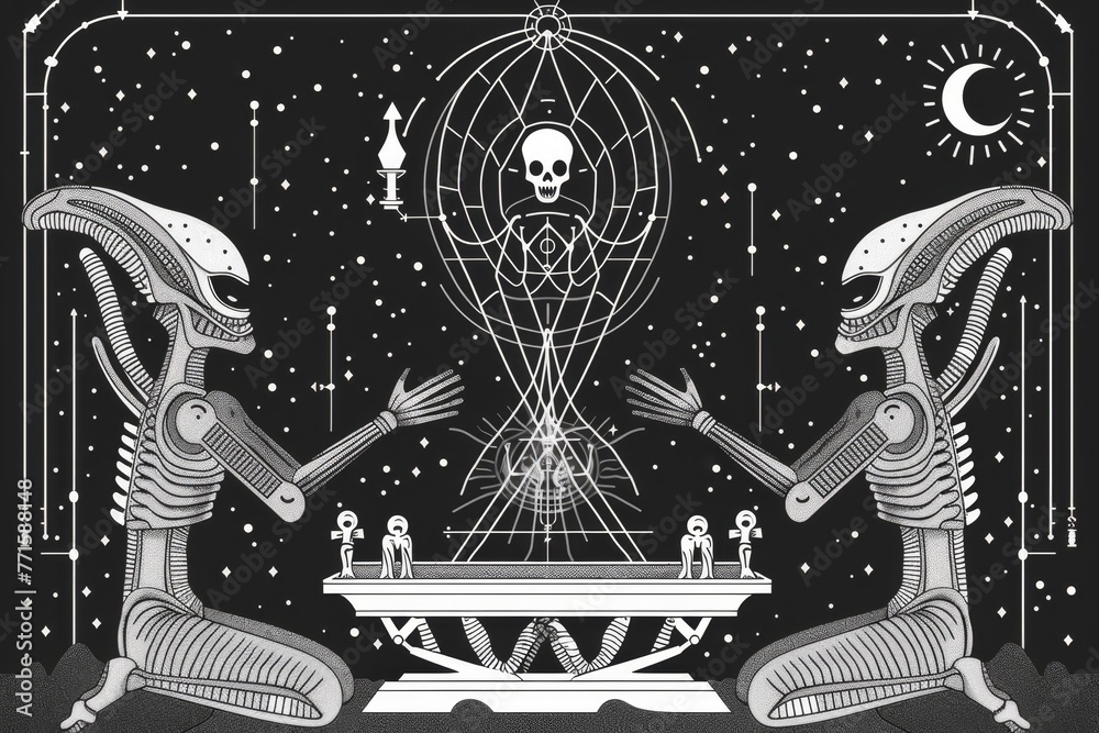 An alien ritual invoking energies from a dark dimension, illustrating ...