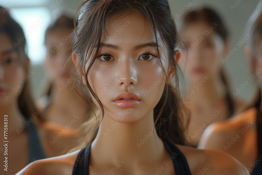 K-POP idol trainees practicing dance in the dance practice room, The practice room has a wooden ...