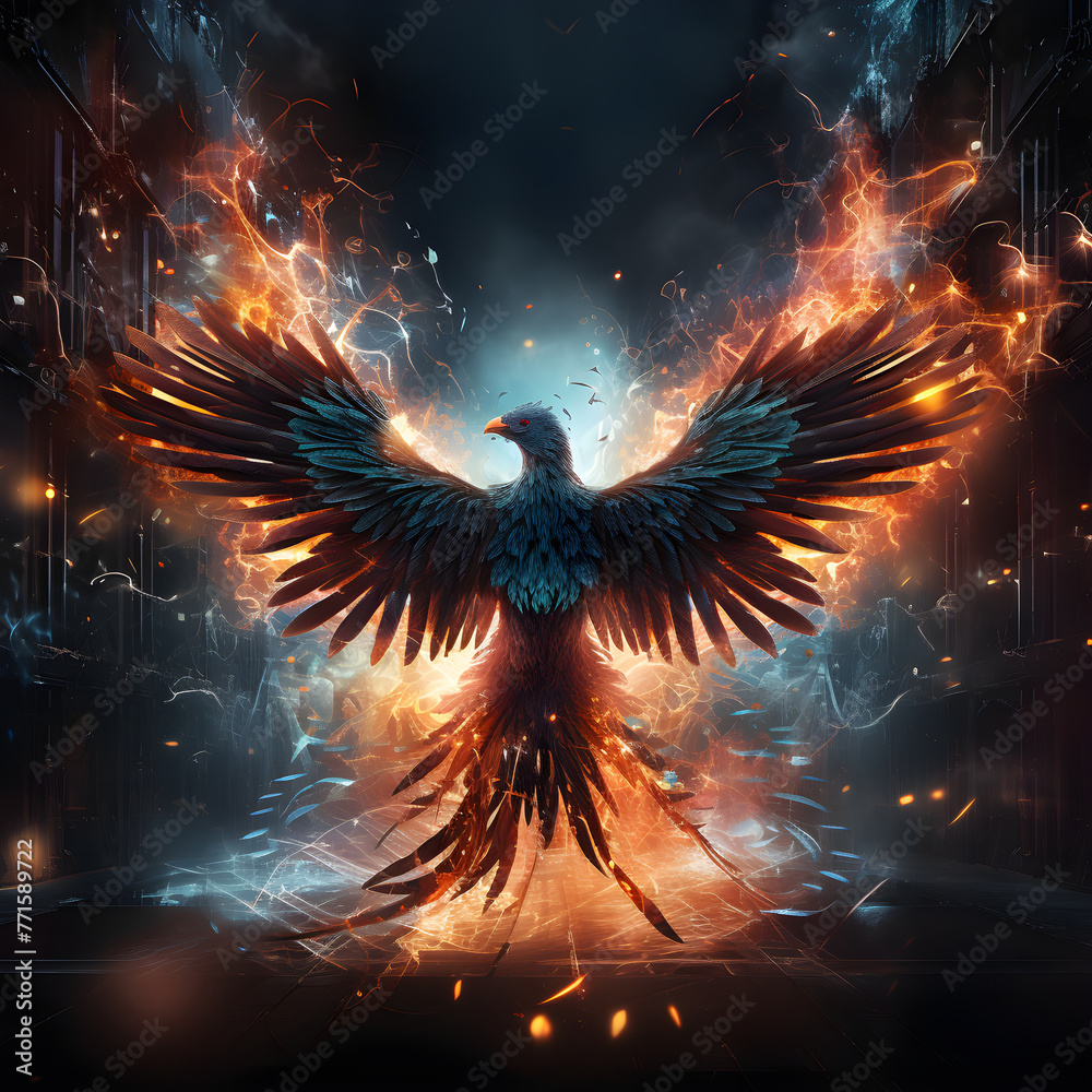 A symbol or logo of a fire phoenix, rebirthing from the ashes into myth ...