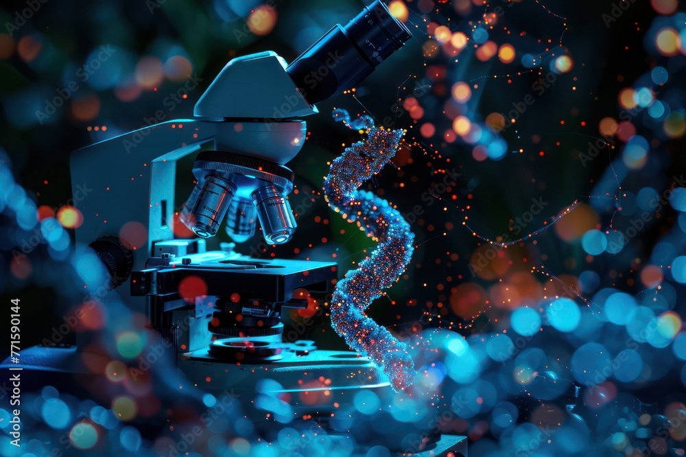 A microscope digitally analyzes a DNA helix, highlighting the ...