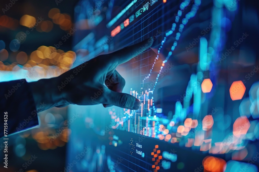 Finger pointing at screen showing stock glowing market charts Stock ...