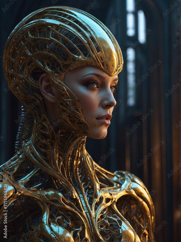 Golden Futuristic Femme: Cyberfemale Leader in Elven Armor - AI Tribe ...