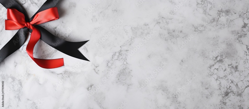 An elegant black and red ribbon with a bow sits atop a stylish marble ...
