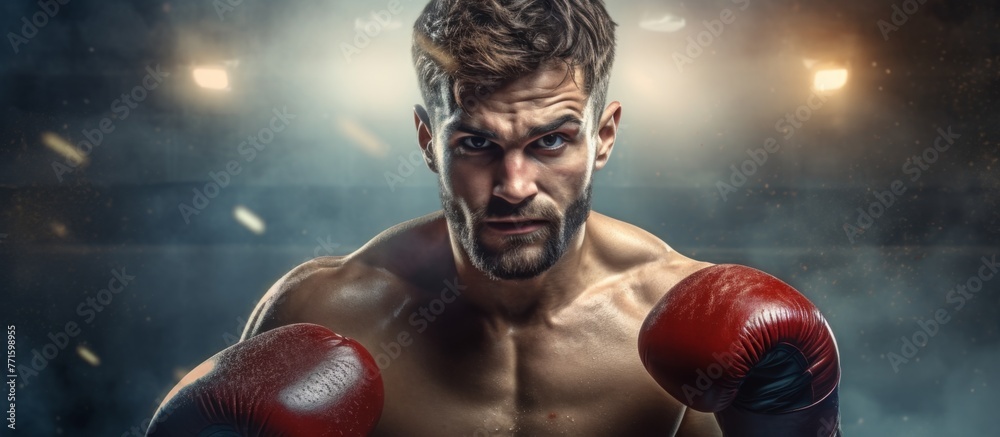 A professional boxer is in a boxing ring wearing red boxing gloves ...