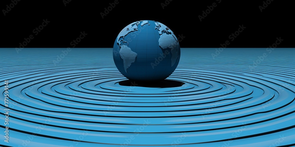 3D render of globe adorned with world map, set against blue background ...