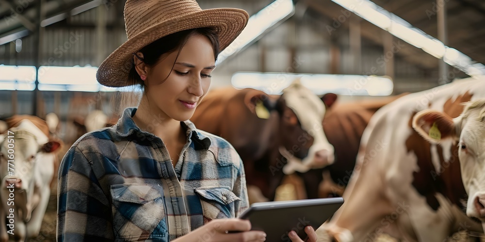 Female farmer uses tablet to manage cow farm operations efficiently ...