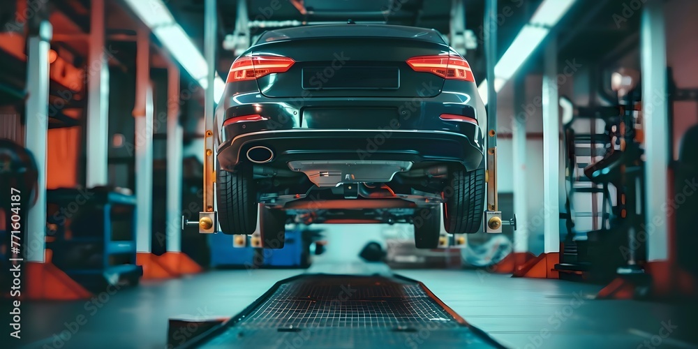 A car on a lift for undercarriage inspection to ensure proper alignment ...