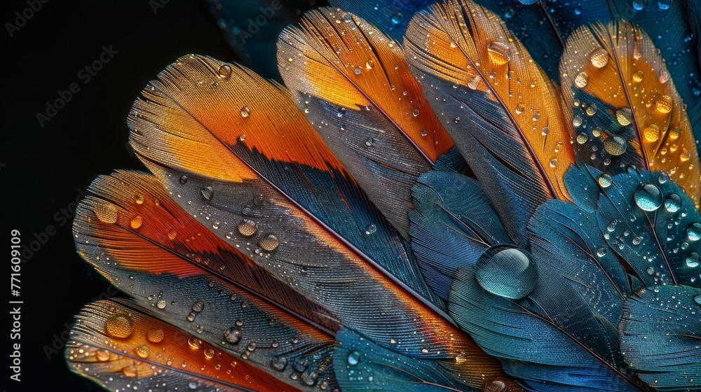 A close up of a bird's feather with droplets of water on it. The ...