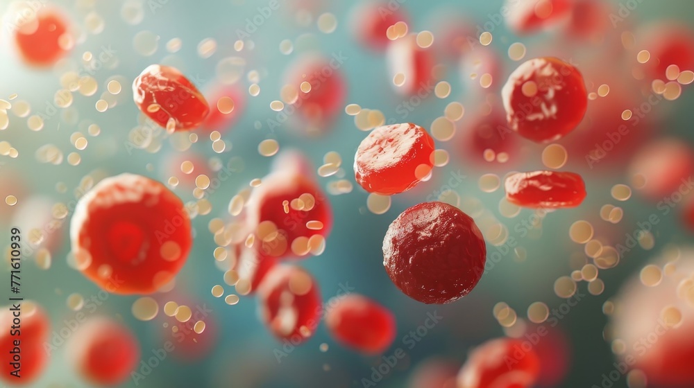 A bunch of red blood cells are flying through the air. Concept of chaos ...