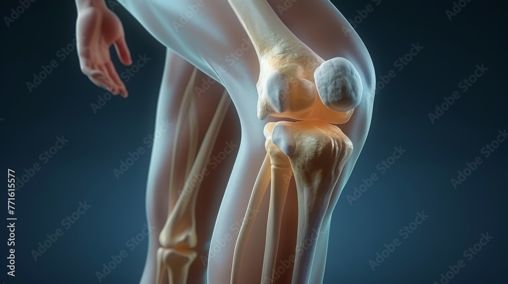 3D illustration of thigh and calf muscles connected to knee bone on ...