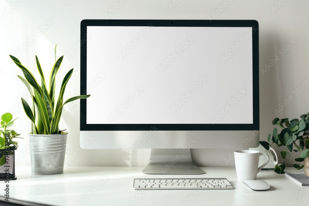 Minimalist office background computer display mockup Stock Illustration ...