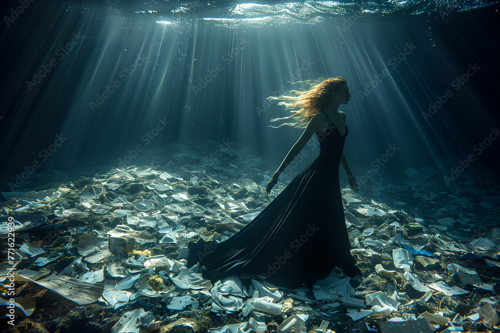 Beautiful young woman swimming dives underwater in ocean or sea full of ...