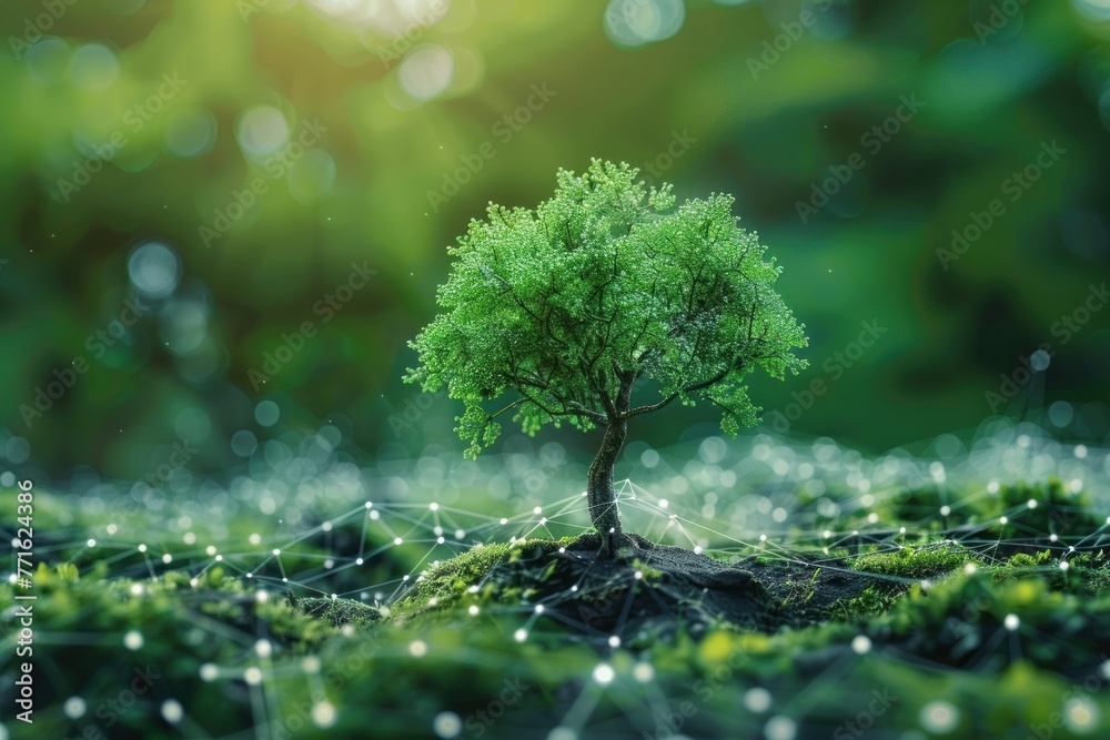 growing internet startup , with green tree growing from network of data ...