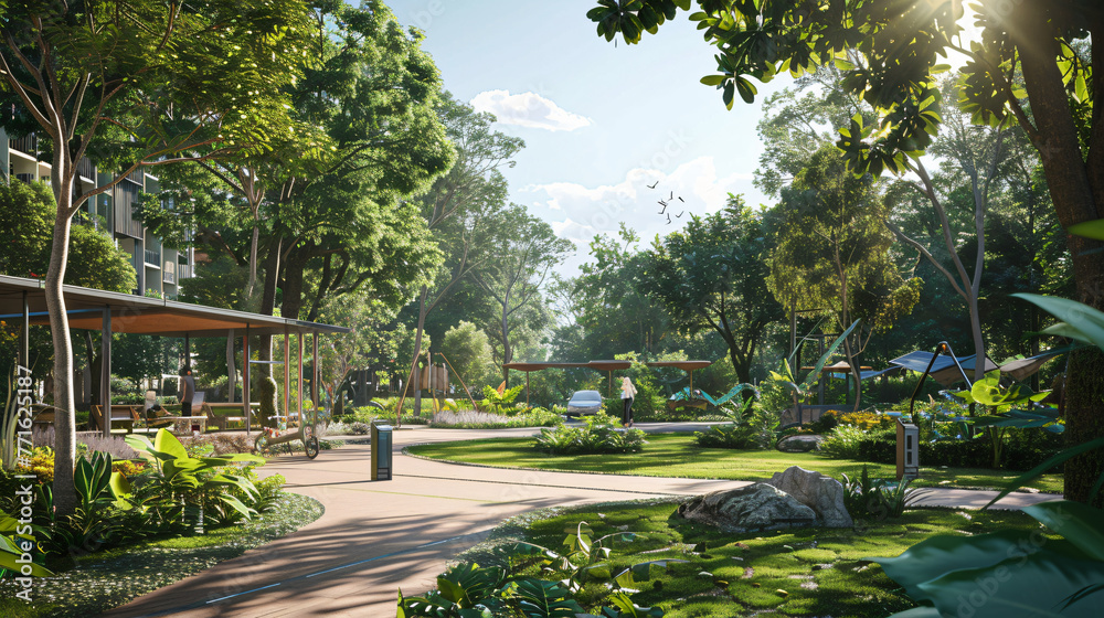 community park in the heart of an eco-green city, surrounded by lush ...