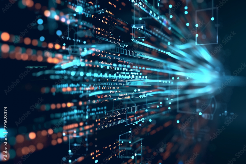 code data bit screen display on laptop computer screen. matrix of data flow. Rise of the big ...