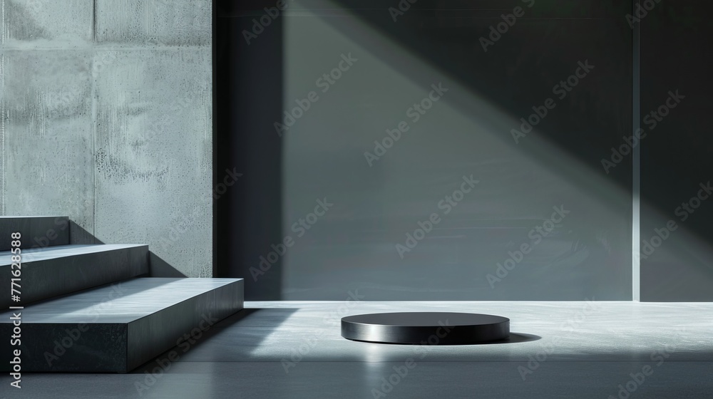 Create a minimalistic circular stand podium, featuring clean lines and ...