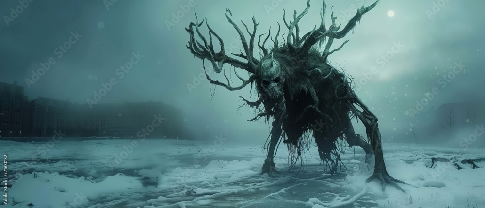 Wendigo manifested in a frozen urban sprawl its haunting presence ...