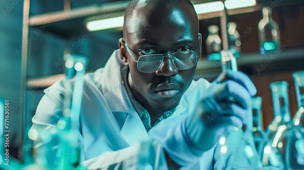 A black scientist wearing glasses and holding test tubes in his hands ...