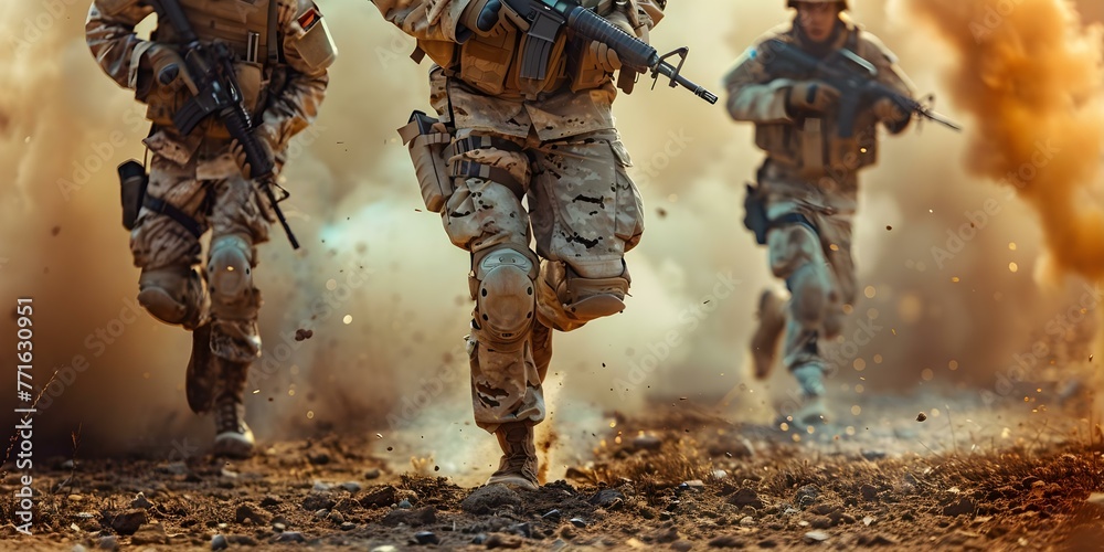 Soldiers in combat gear running with rifles in hand during a military ...
