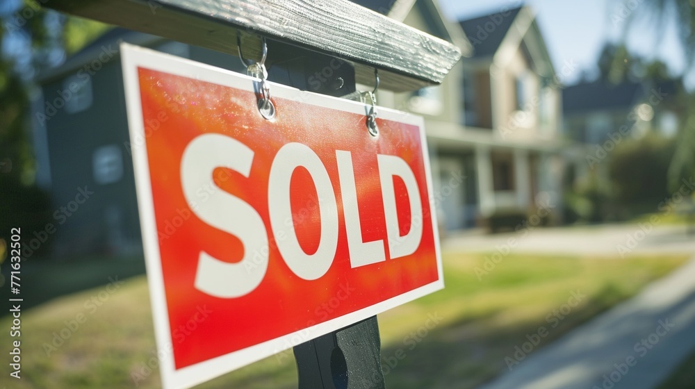 Sold Sign Detail A closeup of a Sold sign standing proudly in front of ...