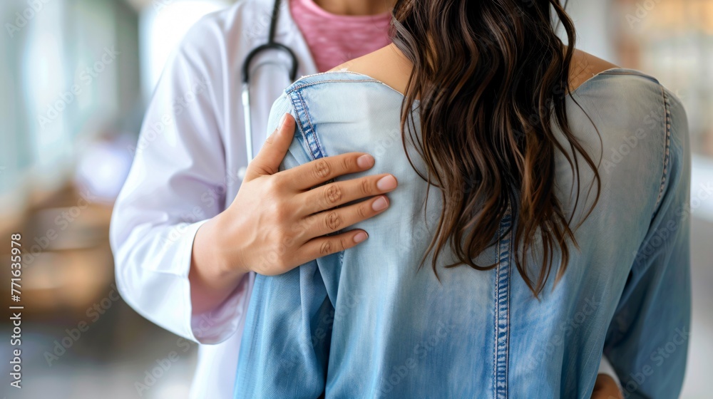 Doctor examining a patients painful shoulder using diagnostics to ...