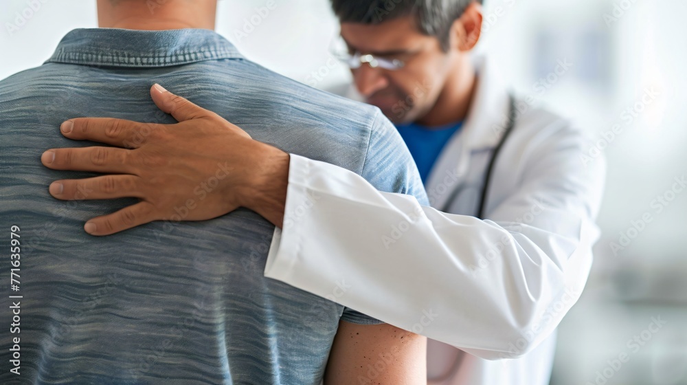 Doctor examining a patients painful shoulder using diagnostics to ...